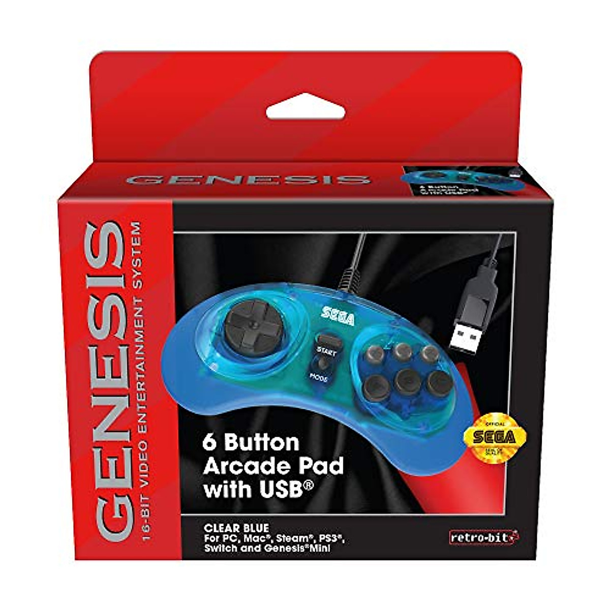 Retro-Bit Official Sega Genesis USB Controller 6-Button Arcade Pad for Sega Genesis Mini, PS3, PC, Mac, Steam, Switch - USB Port - (Clear Blue)