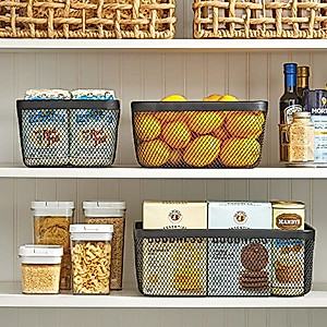 mDesign Steel Food Storage Organizer Bin Mesh Basket, Space Saving for Kitchen Cabinets, Countertop, Pantry, Fridge, Freezer Organization, Canned Food, Sugar, Flour, Meshi Collection - 4 Pack - Black