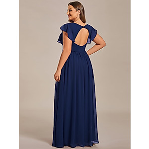 Ever-Pretty Women's Ruched V Neck A-Line Ruffles Sleeves Summer Maxi Plus Size Cocktail Dress Navy Blue US16