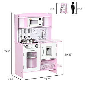 Qaba Pretend Play Kitchen Toy Set for Kids with Realistic Design, Stove Lights, Storage, Water Dispenser, for 3-6 Years Old, Pink