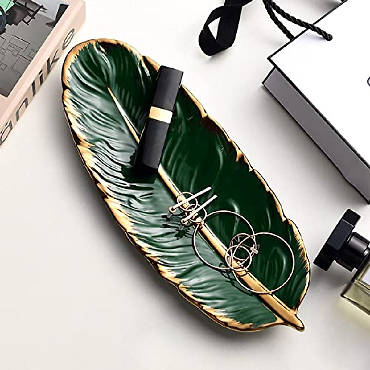 Organizer Tray Feather Trinket Dish Ceramic Jewelry Dish Organizer Vanity Dressers Tray for Bathroom Closets Tray Desk Ornate Jewelry-Green