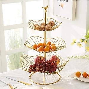 3 Tier Fruit Basket Stand, Modern Tiered Fruit Bowl for Kitchen Counter, Metal Fruit Bowl Bread Baskets, Detachable Fruit Holder Storage Baskets Stand, Black/White/Gold,Gold