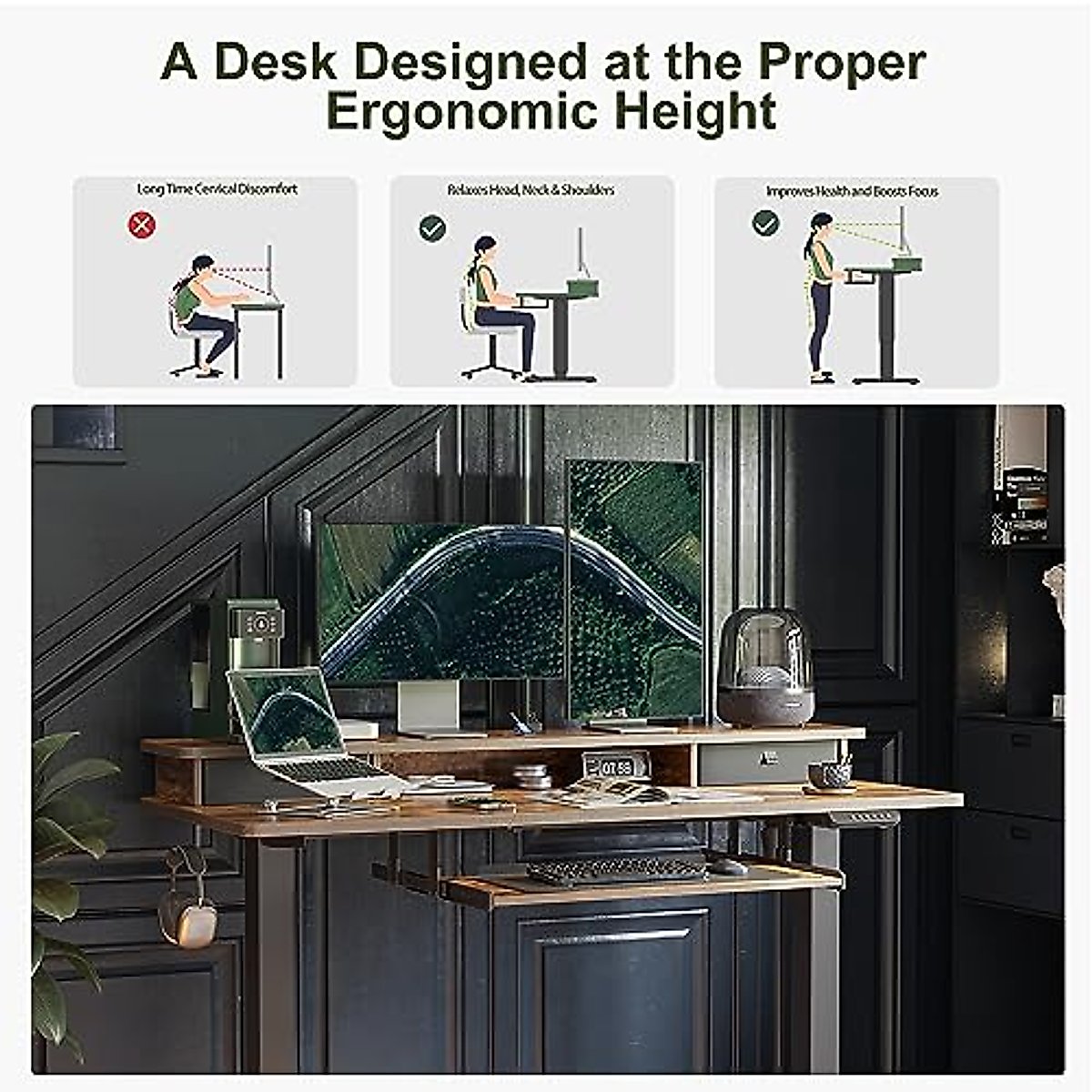 BANTI 48'' Height Adjustable Electric Standing Desk with Keyboard Tray, Home Office Desk Computer Workstation with Storage Shelf, Sit Stand Desk, Rustic Top