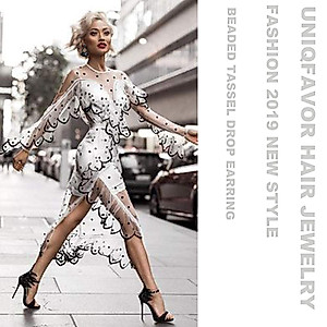 Beaded Tassel Drop Earrings – Statement Hoop Fringe Earrings Dangle, Gift Idea for Women, Mother, Sister, Daily Wearing (Black Square)