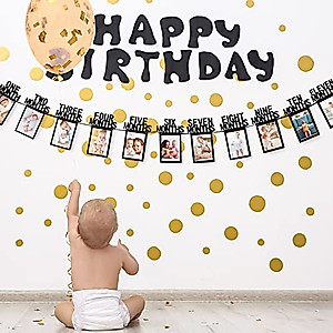 Whaline 1st Birthday Baby Photo Banner for Newborn to 12 Months, Monthly Milestone Photograph Bunting Garland, First Birthday Celebration Decoration (Black)