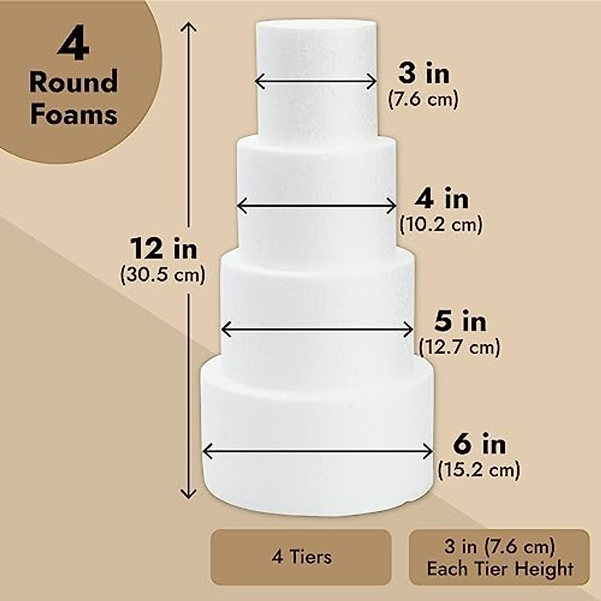 4 Piece Round Foam Cake Dummy Set for Decorating, 12" Tall Fake Cake in 4 Sizes for Birthday, Wedding Display (3, 4, 5, and 6 In)