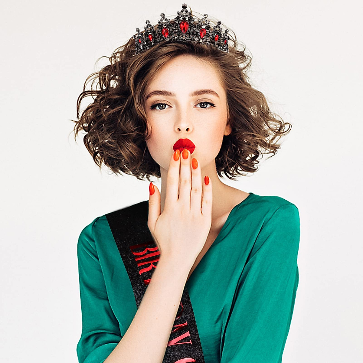 CAVETEE Red Black Birthday Crown and Sash for Women Sash &amp; Rhinestone Tiara Set Red and Black Party Decorations Birthday Queen Crowns Tiaras for Women