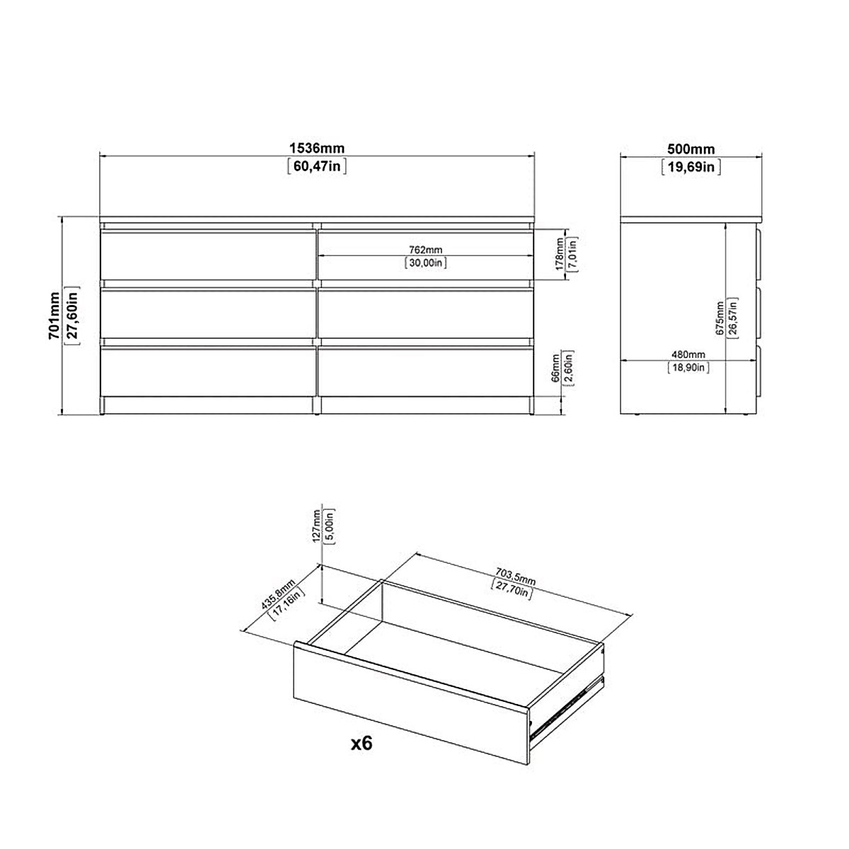 Home Square 3PC Set Engineered Wood with 2 Nightstands and 1 Double Dresser in White Gloss