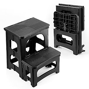 Linhoo 2 Step Stool Foldable, Non-Slip Portable Folding Collapsible Stools, Holds up to 300 lbs, Dual Heights Footstool for Home, Kitchen, Bathroom, RV(Black)