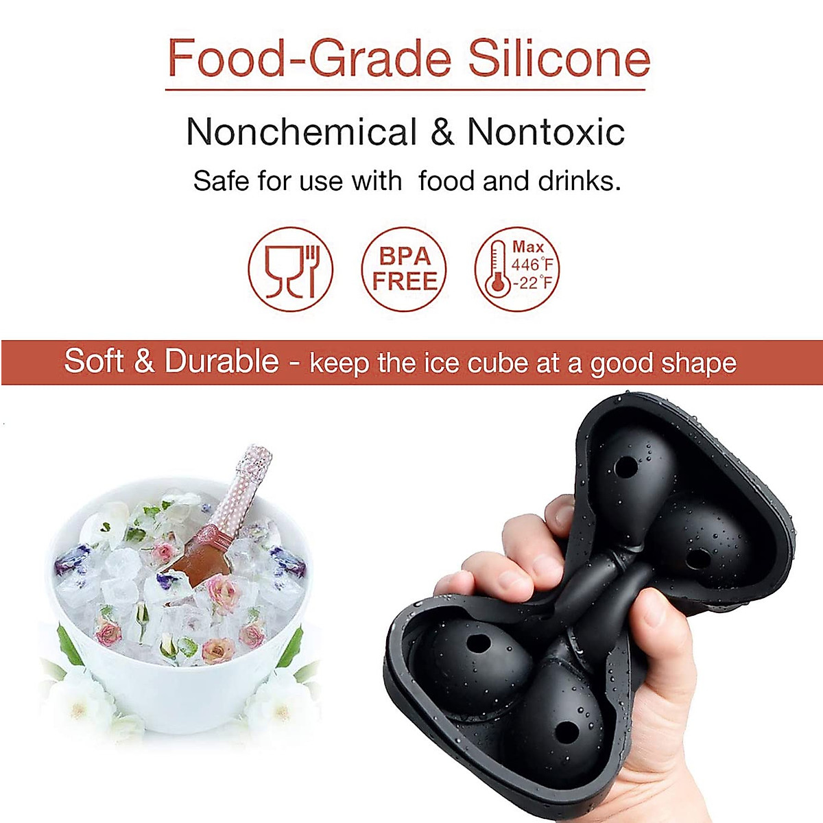 Ice Cube Trays Silicone Combo Mold - Set of 2, Sphere Ice Ball Maker with Lid & Large Square Molds, Reusable and BPA Free