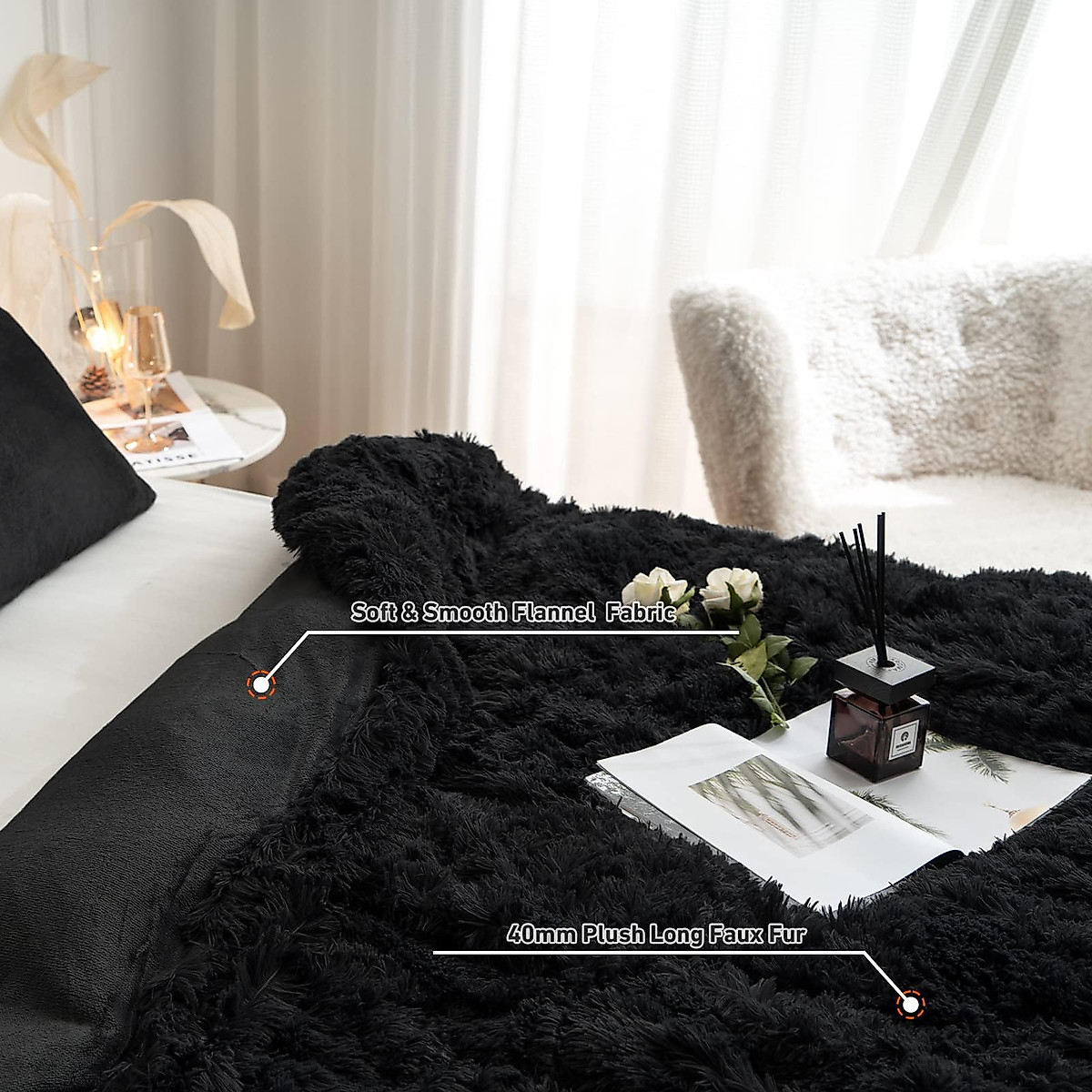 CHOSHOME Plush Shaggy Duvet Cover Twin Size, 3 PCS Fluffy Comforter Fuzzy Flannel Bedding Sets(1 Faux Fur Duvet Cover + 2 Pillowcases), Zipper Closure & 8 Corner Ties, Black