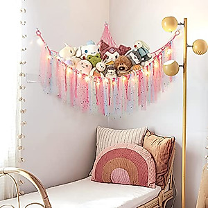 Dremisland Stuffed Animals Storage with Fairy Lights Toy Hammock Hanging Stuffed Animal Storage Organizer Holder with Lace Tassels for Nursery Play Room, Kids Bedroom (Pink)