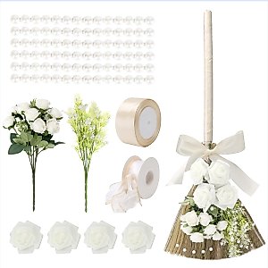 Wedding Broom for Jumping Ceremony, Jumping The Broom for Wedding, Decorative Broom DIY with Ribbons Artificial Pearl Roses