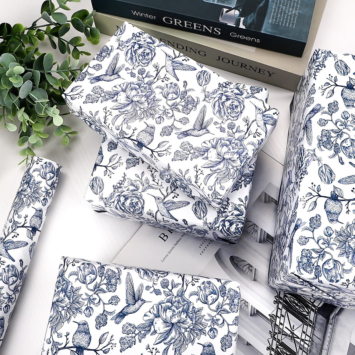 1 Roll Blue Floral Bird Wrapping Paper Mini Roll 17in x 32.8Ft Blue White Flowers Bird Pattern Gift Wrap Paper Vantege Floral Paper for Birthday Wedding Baby Shower Party Wrapping Supplies