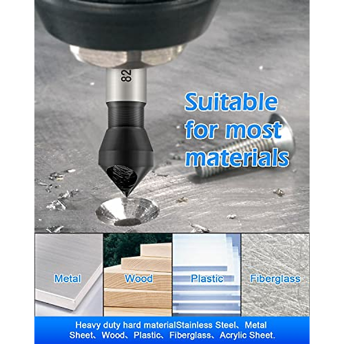 Countersink Drill Bit, TiAlN Coatied M35 Cobalt Steel Bit, 82 Degree Point Angle, 3/8" Round Shank, 1/2" Body Diameter for Hard Metal Wood Plastic Glass Deburring Chamfer Tool (82 Degree)
