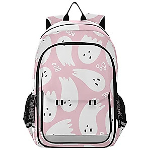 Vnurnrn Kids Backpack Pink Cute Halloween Ghost Print Big Storage Multi Pockets 17.7 IN School Backpack with Chest Buckle Reflective Strip for Boys Girls 6+ years in Primary Middle High School