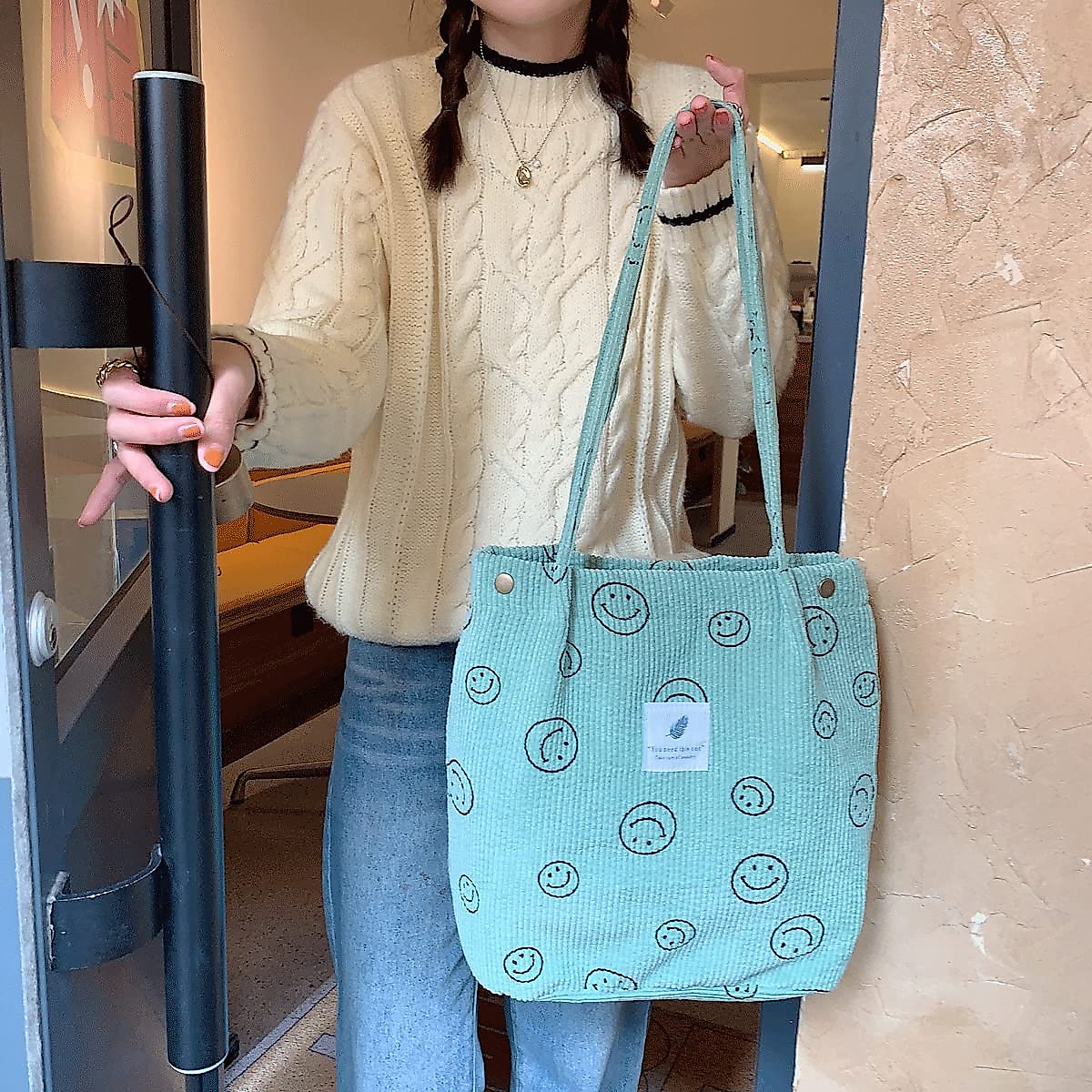 JARKJARD Corduroy Tote Bag Aesthetic Cute Tote Bags Large School Shoulder Bags for Teen Girls Trendy Stuff(Green)