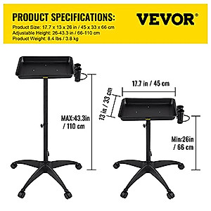 VEVOR Mayo Stand Medical Tray, Height Adjustable Stainless Steel Salon Tray Easy Assemble Tattoo Cart Lab Tray with 2 Cups & 1 Metal Ring for SPA Clinic Personal Care Lab Hospital Dentistry, Black