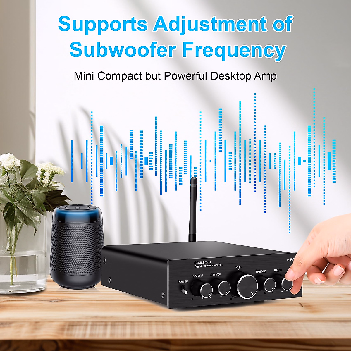 Daakro Stereo Audio Receiver Amplifier,100W Bluetooth 5.0 Mini Hi-Fi Audio Amp,2.1 Channel Amplifier Receiver with Bass and Treble Control for Home Outdoor Speakers/Subwoofer (with Power Supply)