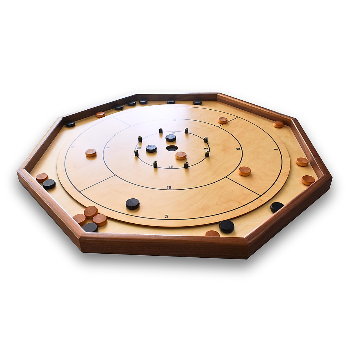The Deluxe (Walnut Rail) - Traditional Octagon Crokinole Board Game Set