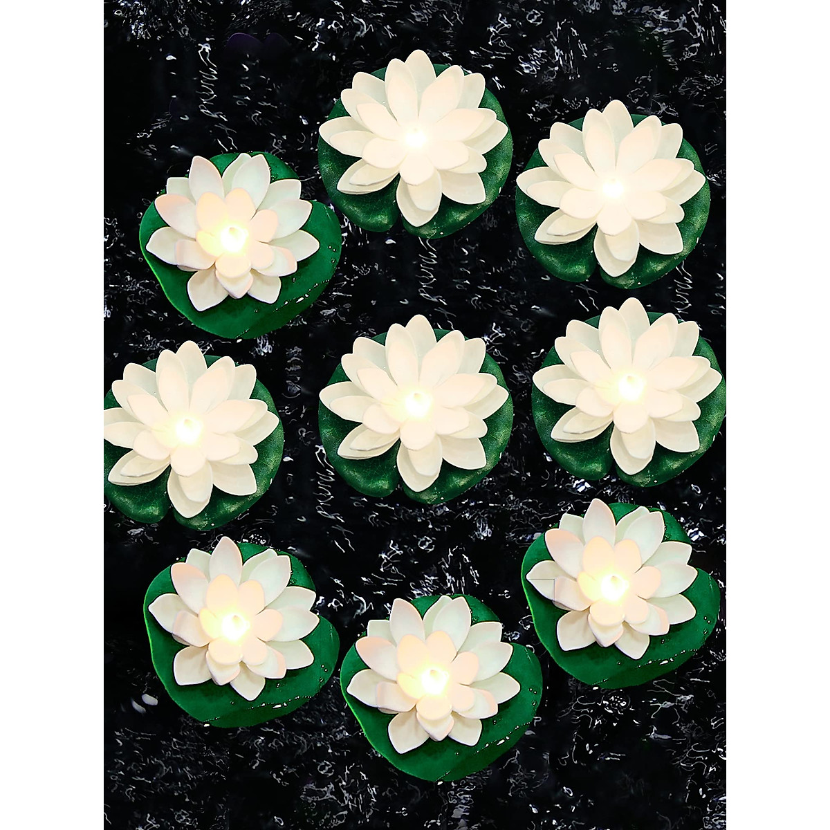 Hortsun 9 Pack Floating Pool Lights Lotus Flower Lantern Artificial Foam LED Lifelike Pool Lights Battery Operated Pool Lantern Pond Decoration(White, Yellow Light, 3.94 Inch)