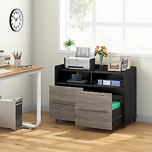 Tribesigns 2 Drawer File Cabinet Rolling Filing Cabinets for Home Office Grey lateral File Cabinet Wood File Cabinet for Letter Size, Printer Stand with Rolling Wheel and Open Storage Shelves