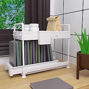 Under Sink Organizer, Sliding Cabinet Basket Organizer 2 Tier Under Bathroom Storage Rack with Hooks, Hanging Cup, Dividers, Multi-purpose Storage Shelf for Bathroom Kitchen (White)