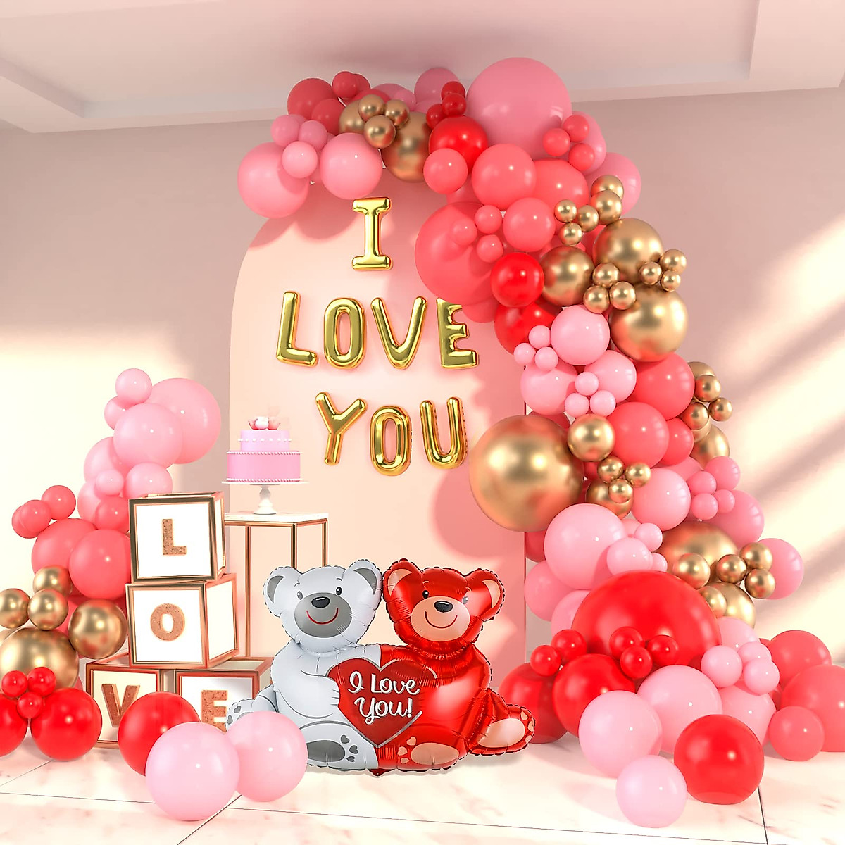 Valentines Day Balloons Arch Kit for Home, I Love You Balloons, Red Metallic Gold Pink Valentines Balloons Garland Arch Kit for Engagement Anniversary Romantic Decorations Special Night