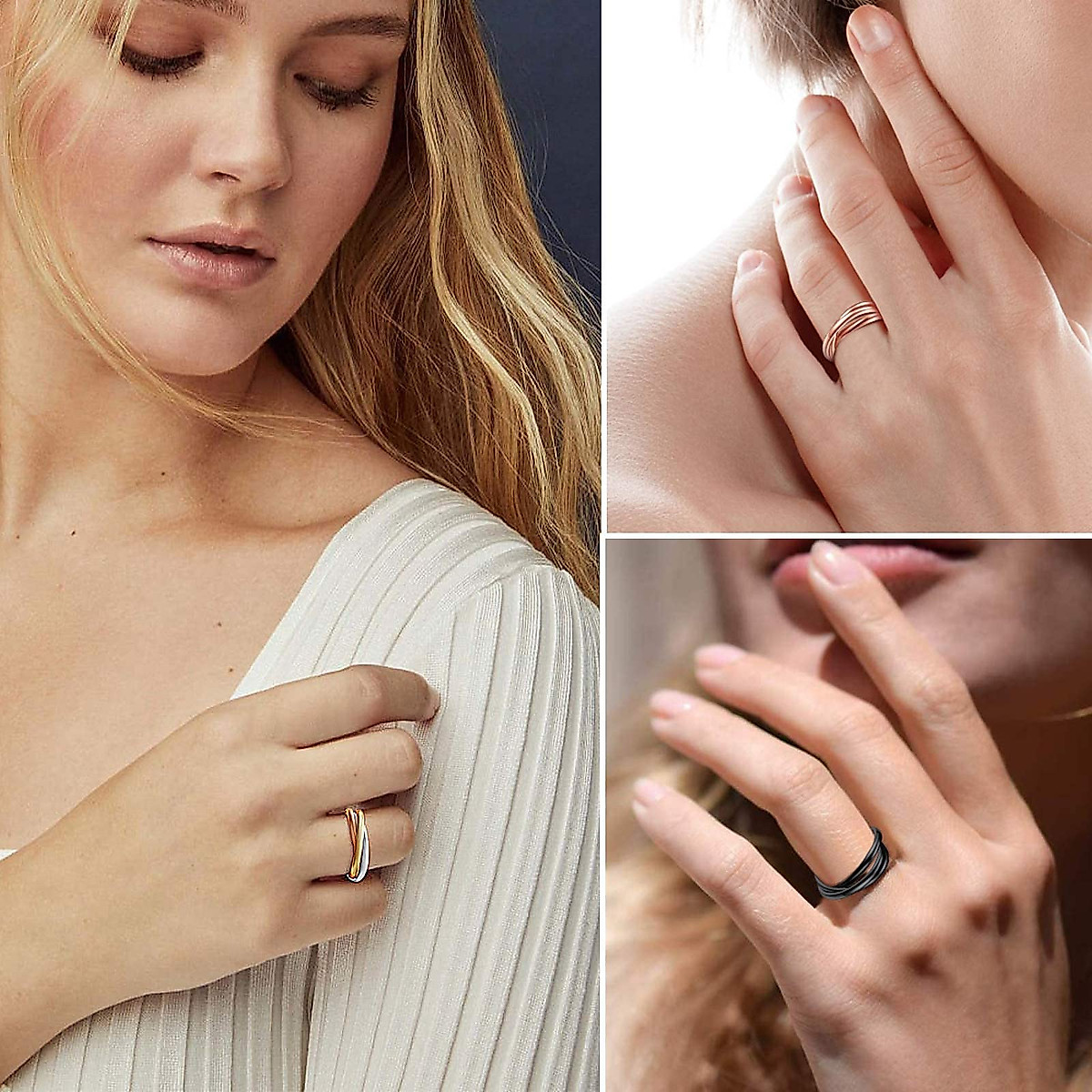 FindChic Black Triple Band Rings Interlocked Rolling Rings for Women Stainless Steel Trinity Russian Wedding Fidget Rings Size 7