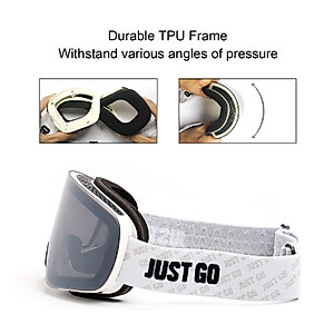 JUST GO Ski Goggles for Skiing Dual-Layer Anti-Fog 100% UV Protection lens Snowboard Goggles, White Frame/Gray Lens (VLT 18.6%)