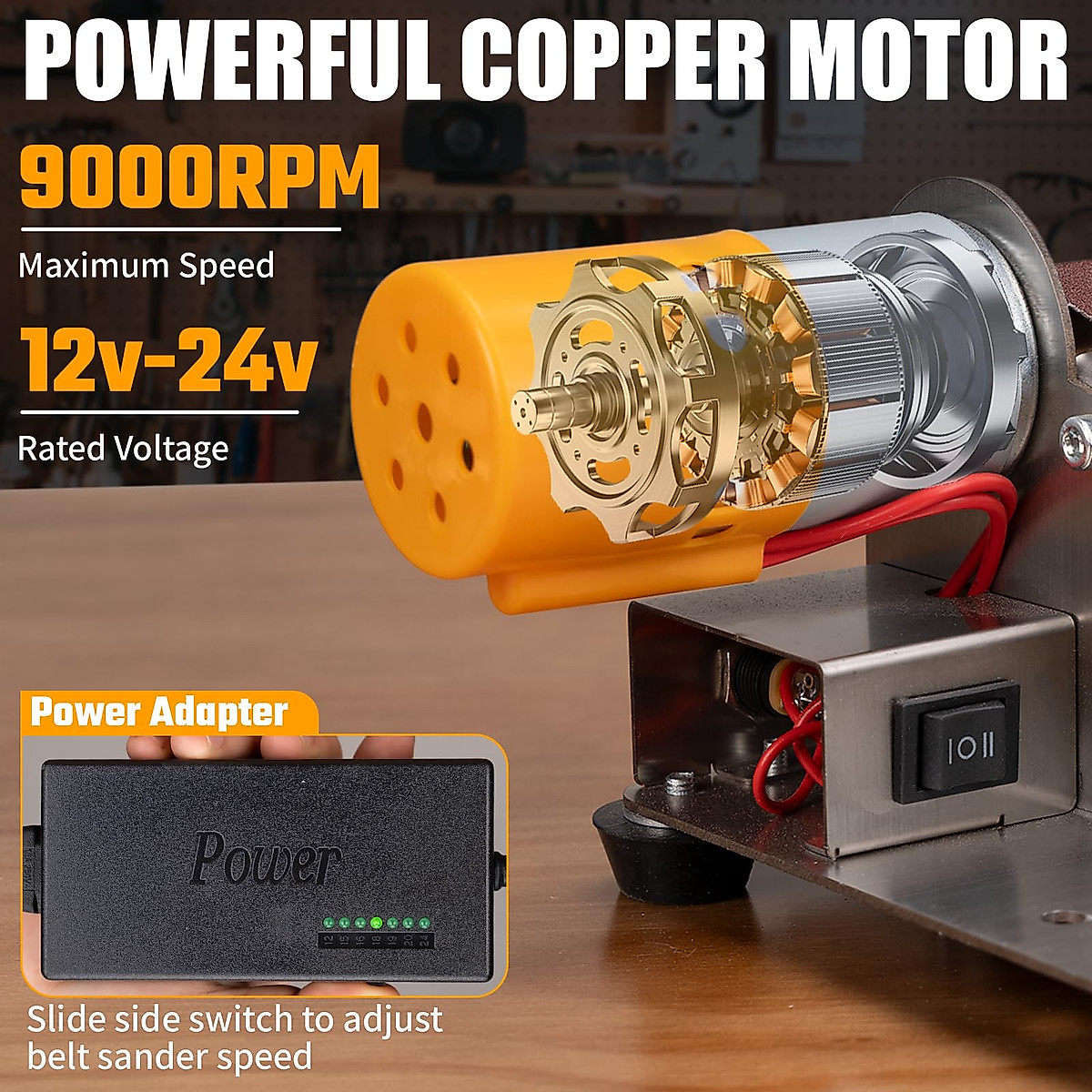 Junchamp Mini Belt Sander - 15 Degree Knife Sharpener Electric Bench Grinder Sanding Machine, 7 Adjustable Speed Buffer Polisher for Metal Working, Knife Making and DIY Woodworking