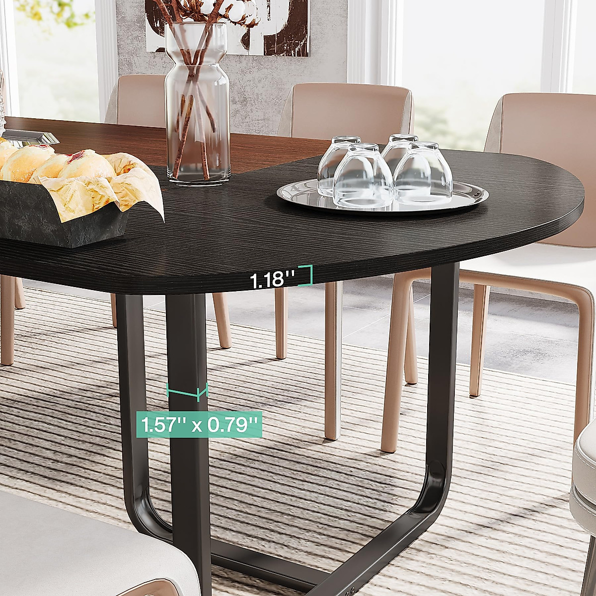 Tribesigns 70.86" Modern Oval Dining Table with Walnut and Black Finish Splicing Board, Curved Kitchen Tables for 6-8, Large Dining Room Table with Stylish Metal Legs (Walnut+Black)