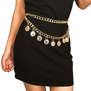 Jurxy Alloy Waist Chain Body Chain for Women Waist Belt Coin Tassel Pendant Belly Chain Adjustable Body Harness for Jeans Dresses – Gold Style 8