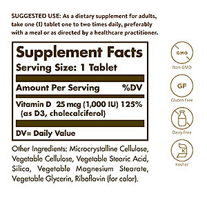 Solgar Vitamin D3 (Cholecalciferol) 25 mcg (1000 IU) - Helps Maintain Healthy Bones & Teeth - Immune System Support - Non-GMO, Gluten Free, Dairy Free, Kosher - Unflavored, 180 Count