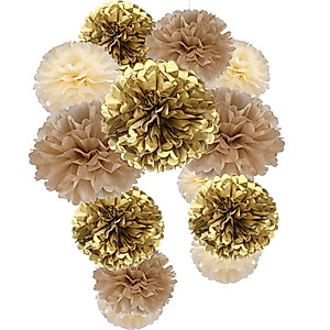 Gold Champagne Gold and Ivory White Paper Flower Tissue Pom Poms for Baby Shower Bridal Engagement Bachelor Birthday Graduation Retirement Theme Party, 12pc