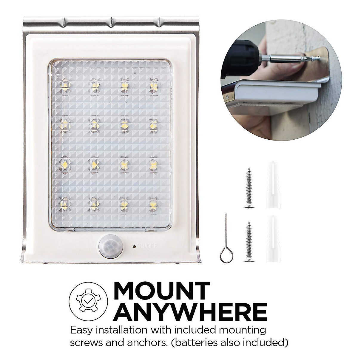 Home Zone Security Solar Wall Lamp - Stainless Steel Motion Sensor Outdoor LED Wall Light, No Wiring Required 2-PK, Silver, ELJ7040V