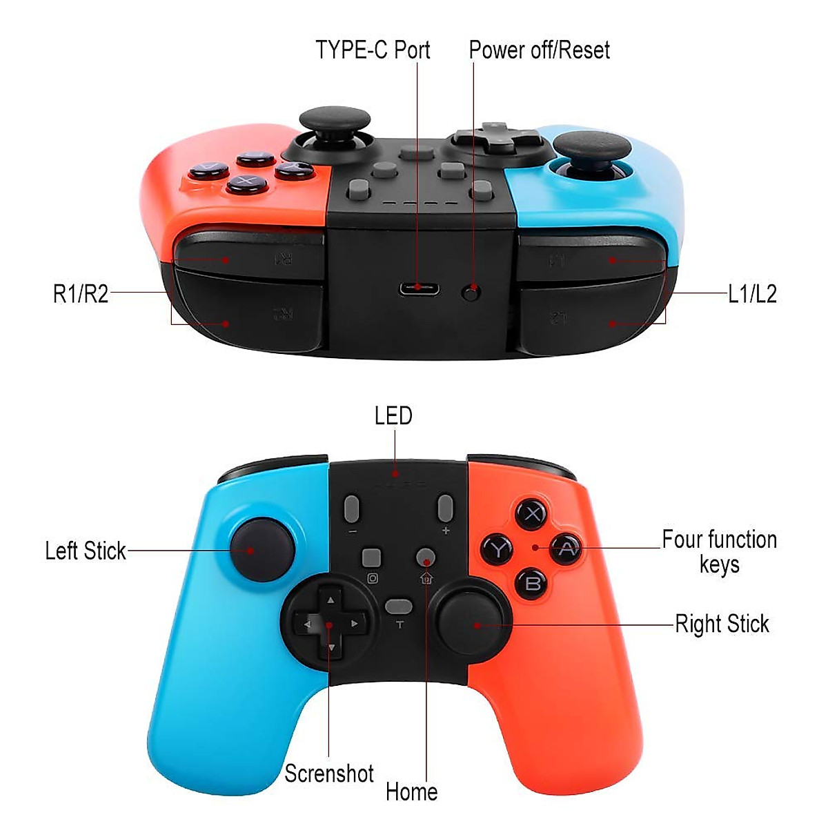 Controller für Nintendo Switch, STOGA Wireless Controller with Rechargeable Battery, Gamepad Joystick für Switch mit 6-Achsen Turbo Dual Shock Gyro Achse (Rot& Blau)