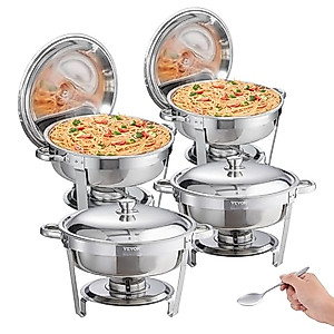 VEVOR Chafing Dish Buffet Set, 6 Qt 4 Pack, Stainless Steel Chafer with Full Size Pan, Round Catering Warmer Server with Lid Water Pan Stand Fuel Holder Cover Holder Spoon, for at Least 6 People Each