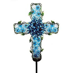 COOZZYHOUR Solar Cross Garden Lights Outdoor Decorative - Solar Metal&Glass Cross Blue Hydrangea Flower Stake Lights- Waterproof 20 Warm White LED for Remembrance Gifts