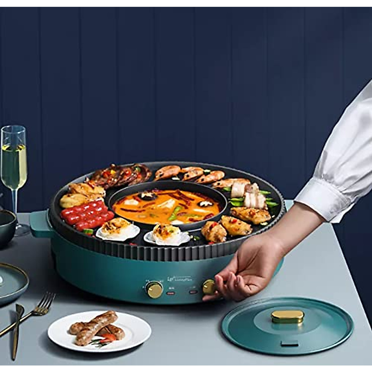 Lp Living Plus 2 in 1 Electric Grill and Hot Pot Combo, Dual Temperature, Indoor Non-Stick Griddle for Korean BBQ, Shabu Shabu and Noodles