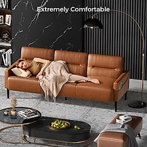 COPIAE 83" Faux Leather Couch, Upholstered 3 Seater Sofa with Pillows, Solid Wood Frame Leather Sleeper Sofa with Metal Legs& Side Pocket, Mid Century Sofa Couches for Living Room, Bedroom, Office