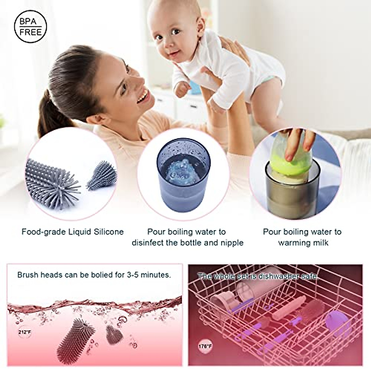 MeryStar Travel Bottle Cleaner Kit, Baby Bottle Brush Set with Silicone, Bottle Cleaner Brush and Drying Rack for Travel and Family Visits, Gift for New Moms (Pink)