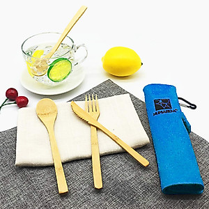 Bamboo Utensils, Eco Friendly Flatware Set, Bamboo Cutlery Set, Bamboo Travel Utensils, Camping Utensils Set, Portable Utensils Set, Knife, Fork, Spoon, Reusable Straws Chopsticks, 7 Pieces,7.9 inch