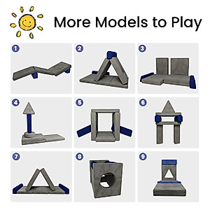 hoopyosms 11-Piece Modular Kids Play Couch Convertible Foam Sofa for Toddlers Indoor Playroom & Bedroom Fun Building Block Sofa (Grey and Blue)