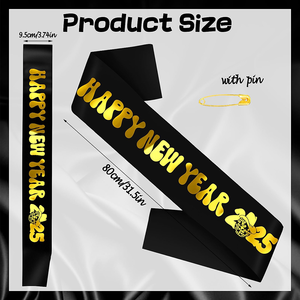 JXYCBZYing Happy New Year 2025 Sash with Gold Foil, Black New Year Sash, Premium Grade Satin Sash, New Years Eve Party Decorations, Ideas, Gifts, Jokes and Favors (Black + Gold)