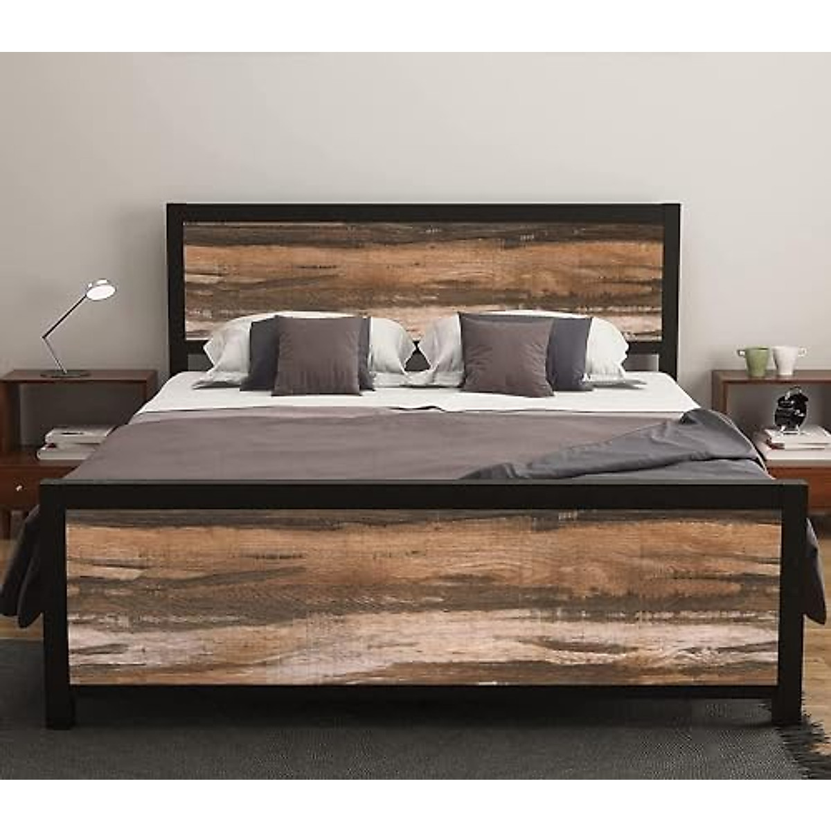 Catrimown Queen Size Bed Frame with Wooden Headboard and Footboard, Queen Platform Bed with Storage, Wooden Metal Bed Frame, Strong Slat Support/No Box Spring Needed/Easy Assembly, Industrial Brown