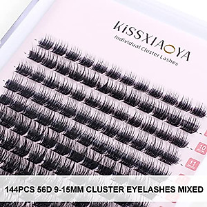 KISSXIAOYA Cluster Eyelash Extensions Kit, DIY Lashes Extension Kit with Lash Bond & Seal and Applicator, 144 Pcs 0.10mm 56D 9-15mm Mixed Wide-stem Lash, Individual at Home (Cluster Kit)