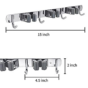 Mop Broom Holder, 4 Hooks and 3 Racks Wall Mount Long Grippers Hanger for Household Easy Storage Clip Racks, No-Slip Utility Hooks Tool Hanger for Home, Bathroom, Kitchen, Garden, Garage