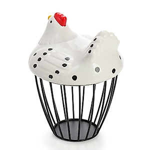 Yopay Egg Basket, Metal Wire Chicken Egg Holder, Countertop Egg Collecting Basket with Ceramic Lid for Gathering Fresh Eggs, Farmhouse Rustic Round Wire Egg Container for Kitchen Supplies, Pantry