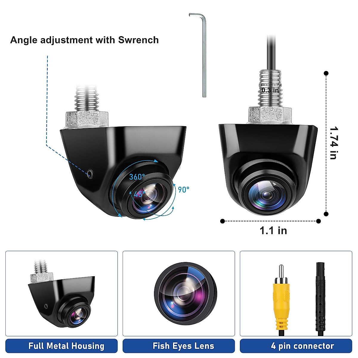 HD Backup Camera for Car Universal Front/Side/Rear Camera for 12V Car Truck Pickup SUV Rear View Reverse Camera with Left and Right, Up and Down Rotation Angle Night Vision IP69K Waterproof